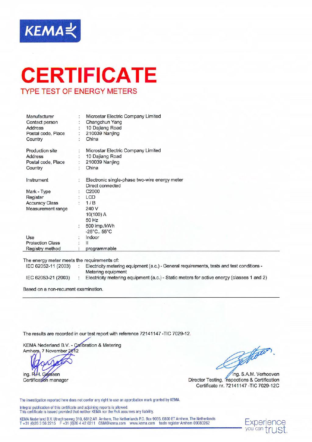Microstar C2000 Smart Meter IEC Type Test Certificate By KEMA Lab Microstar C2000 Smart Meter IEC Type Test Certificate By KEMA Lab